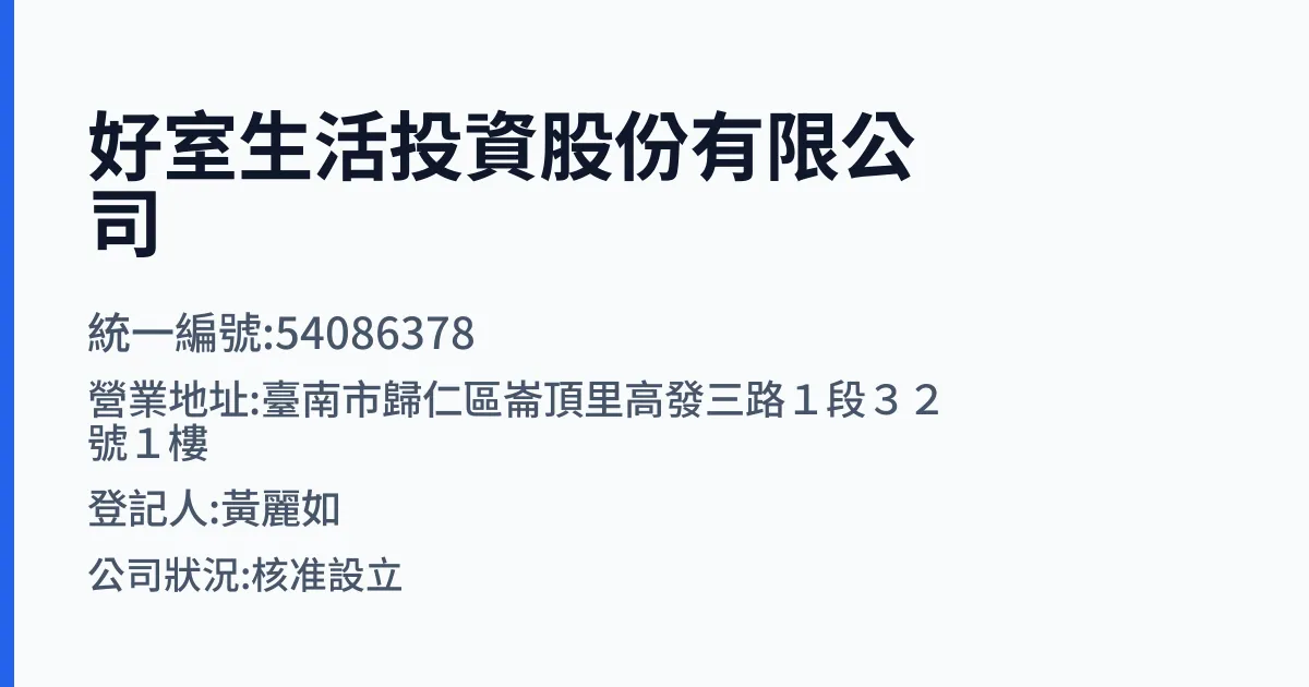 好室生活投資股份有限公司 - 統編 54086378（臺南市） 公司登記資料與營業項目詳細圖表