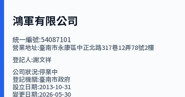 鴻軍有限公司的照片-統編 54087101(臺南市) 公司登記資料與營業項目詳細圖表