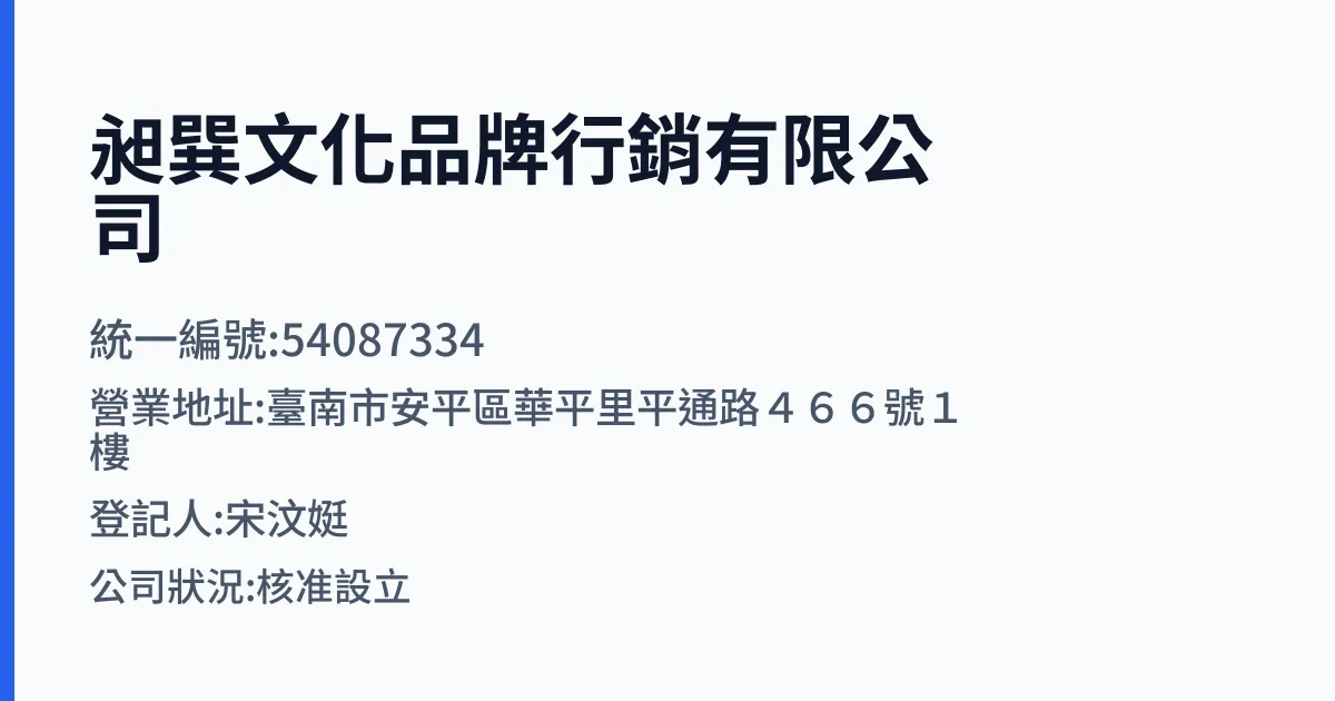 昶巽文化品牌行銷有限公司 - 統編 54087334 (臺南市) 公司登記資料與營業項目詳細圖表