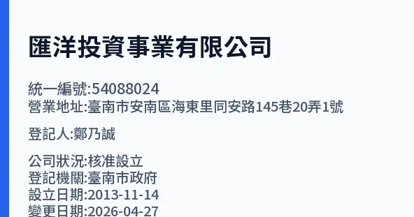 匯洋投資事業有限公司的照片-統編 54088024(臺南市) 公司登記資料與營業項目詳細圖表