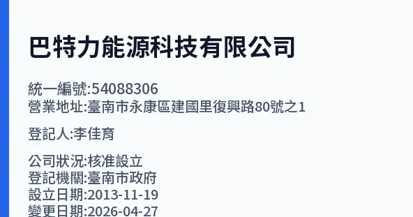 巴特力能源科技有限公司的照片-統編 54088306(臺南市) 公司登記資料與營業項目詳細圖表