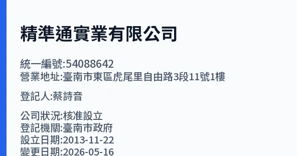 精準通實業有限公司的照片-統編 54088642(臺中市) 公司登記資料與營業項目詳細圖表