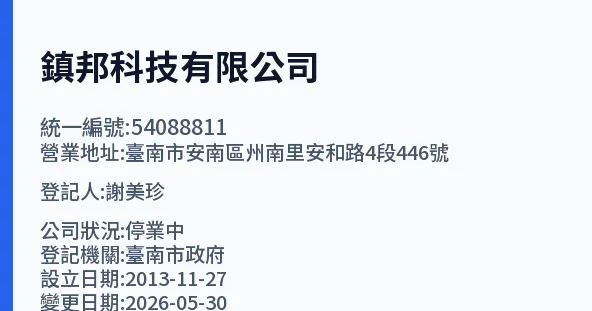 鎮邦科技有限公司的照片-統編 54088811(臺南市) 公司登記資料與營業項目詳細圖表