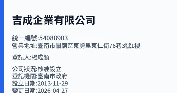 吉成企業有限公司的照片-統編 54088903(臺南市) 公司登記資料與營業項目詳細圖表