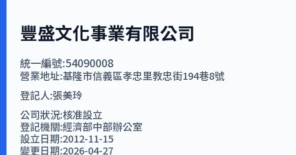 豐盛文化事業有限公司的照片-統編 54090008(基隆市) 公司登記資料與營業項目詳細圖表
