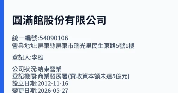 圓滿館股份有限公司的照片-統編 54090106(屏東縣) 公司登記資料與營業項目詳細圖表