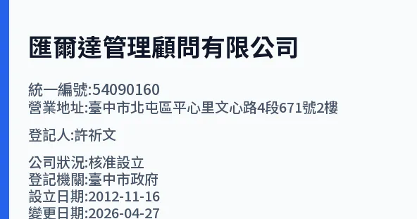 匯爾達管理顧問有限公司的照片-統編 54090160(臺中市) 公司登記資料與營業項目詳細圖表