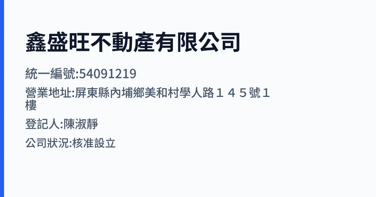 鑫盛旺不動產有限公司 - 統編 54091219(屏東縣) 公司登記資料與營業項目詳細圖表