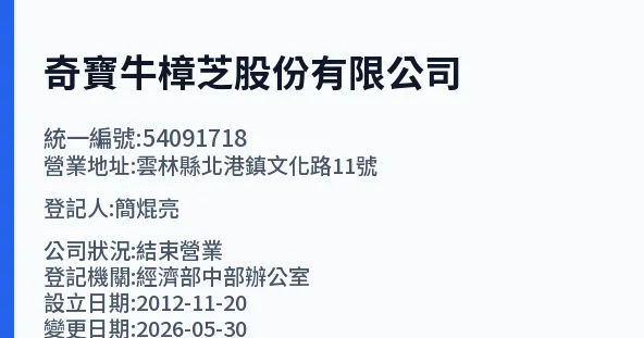 奇寶牛樟芝股份有限公司的照片-統編 54091718(雲林縣) 公司登記資料與營業項目詳細圖表