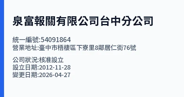 泉富報關有限公司台中分公司的照片-統編 54091864(臺中市) 公司登記資料與營業項目詳細圖表