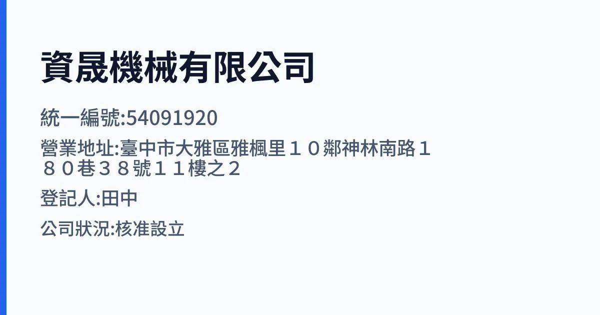 資晟機械有限公司 - 統編 54091920(桃園市) 公司登記資料與營業項目詳細圖表