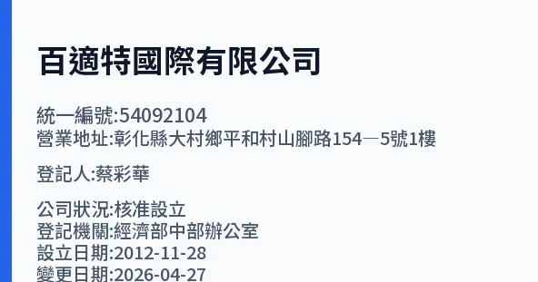 百適特國際有限公司的照片-統編 54092104(彰化縣) 公司登記資料與營業項目詳細圖表