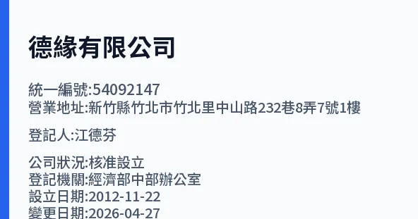 德緣有限公司的照片-統編 54092147(新竹縣) 公司登記資料與營業項目詳細圖表