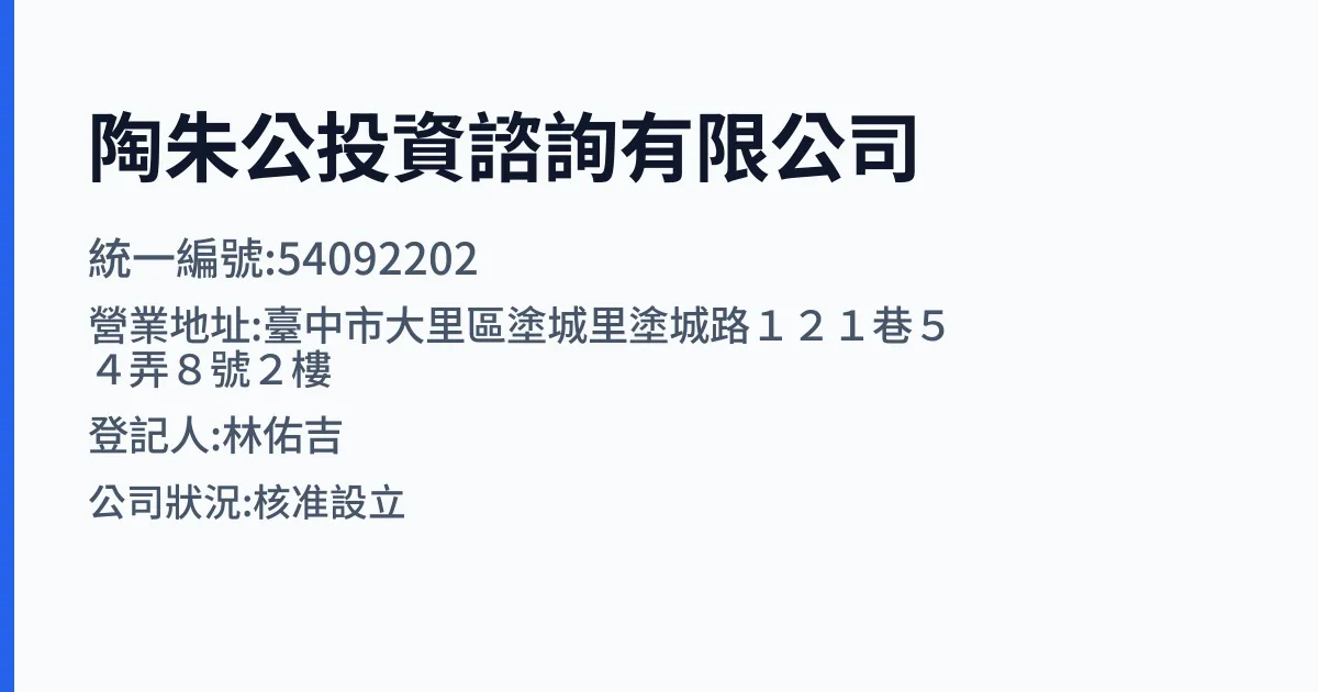 陶朱公投資諮詢有限公司 - 統編 54092202(臺中市) 公司登記資料與營業項目詳細圖表