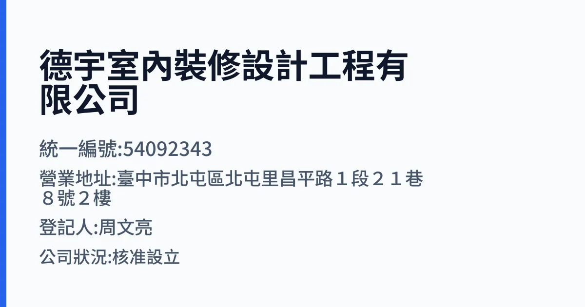 德宇室內裝修設計工程有限公司 - 統編 54092343(臺中市) 公司登記資料與營業項目詳細圖表