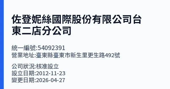 佐登妮絲國際股份有限公司台東二店分公司的照片-統編 54092391(臺東縣) 公司登記資料與營業項目詳細圖表