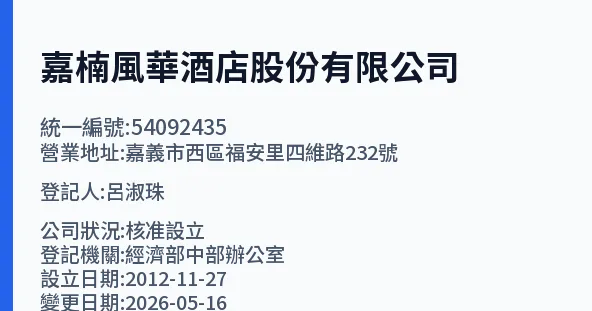 嘉楠風華酒店股份有限公司的照片-統編 54092435(嘉義市) 公司登記資料與營業項目詳細圖表