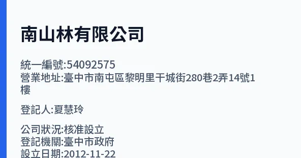 南山林有限公司的照片-統編 54092575(臺中市) 公司登記資料與營業項目詳細圖表