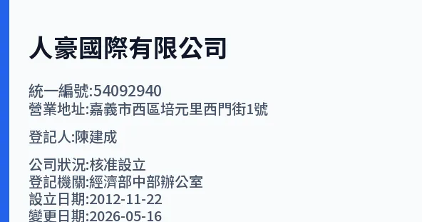 人豪國際有限公司的照片-統編 54092940(嘉義市) 公司登記資料與營業項目詳細圖表