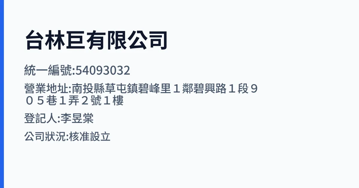 台林巨有限公司 - 統編 54093032（南投縣） 公司登記資料與營業項目詳細圖表
