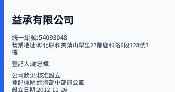 益承有限公司的照片-統編 54093048(彰化縣) 公司登記資料與營業項目詳細圖表