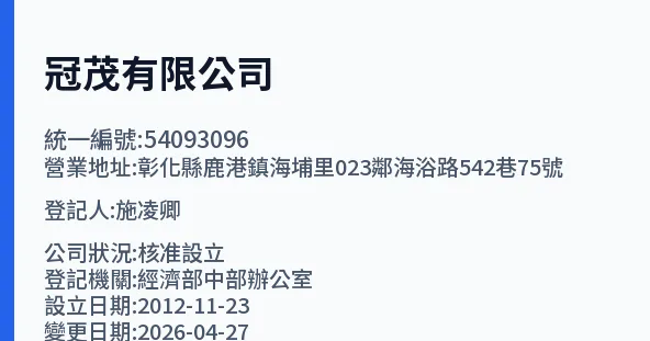 冠茂有限公司的照片-統編 54093096(彰化縣) 公司登記資料與營業項目詳細圖表