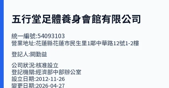 五行堂足體養身會館有限公司的照片-統編 54093103(花蓮縣) 公司登記資料與營業項目詳細圖表