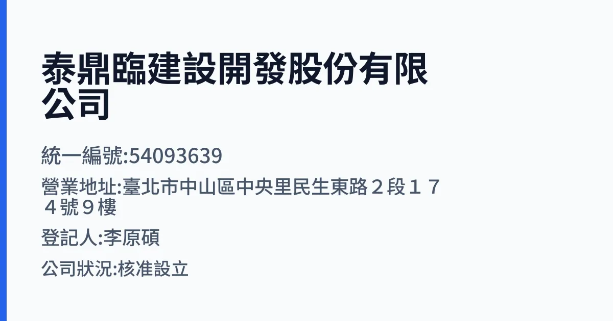 泰鼎臨建設開發股份有限公司 - 統編 54093639(臺北市) 公司登記資料與營業項目詳細圖表