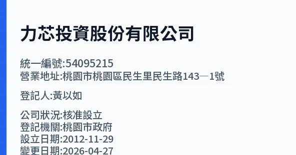 力芯投資股份有限公司的照片-統編 54095215(桃園市) 公司登記資料與營業項目詳細圖表
