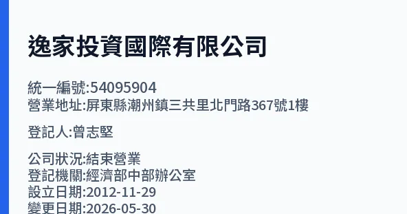 逸家投資國際有限公司的照片-統編 54095904(屏東縣) 公司登記資料與營業項目詳細圖表