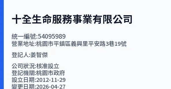 十全生命服務事業有限公司的照片-統編 54095989(桃園市) 公司登記資料與營業項目詳細圖表