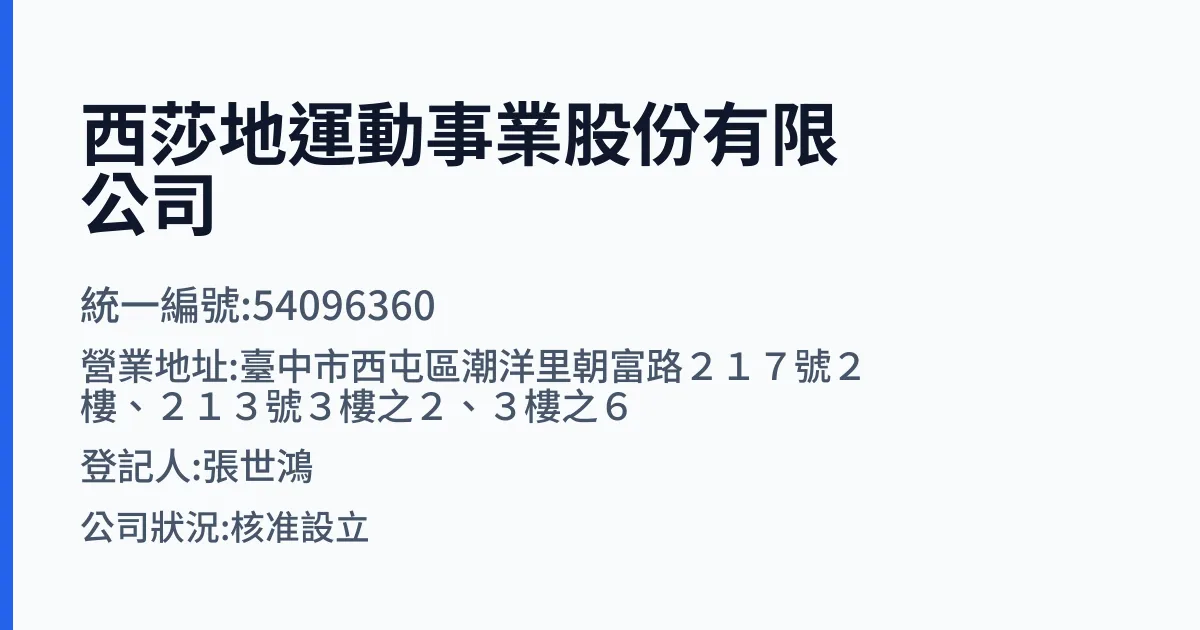 西莎地運動事業股份有限公司 - 統編 54096360(臺中市) 公司登記資料與營業項目詳細圖表