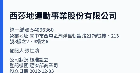 西莎地運動事業股份有限公司的照片-統編 54096360(臺中市) 公司登記資料與營業項目詳細圖表