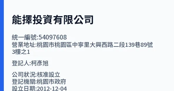 能擇投資有限公司的照片-統編 54097608(桃園市) 公司登記資料與營業項目詳細圖表