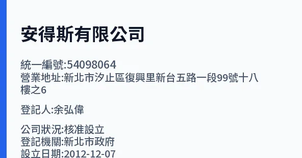 安得斯有限公司的照片-統編 54098064(新北市) 公司登記資料與營業項目詳細圖表