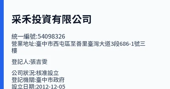 采禾投資有限公司的照片-統編 54098326(臺中市) 公司登記資料與營業項目詳細圖表
