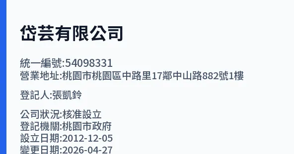 岱芸有限公司的照片-統編 54098331(桃園市) 公司登記資料與營業項目詳細圖表
