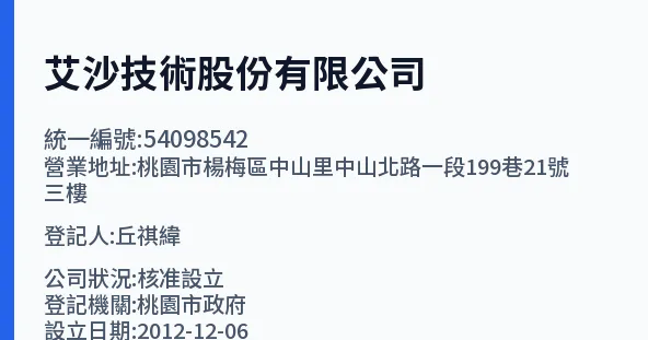 艾沙技術股份有限公司的照片-統編 54098542(桃園市) 公司登記資料與營業項目詳細圖表