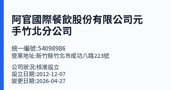 阿官國際餐飲股份有限公司元手竹北分公司的照片-統編 54098986(新竹縣) 公司登記資料與營業項目詳細圖表