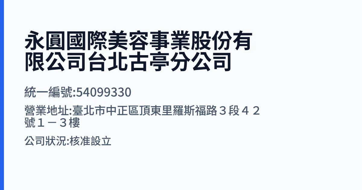 永圓國際美容事業股份有限公司台北古亭分公司 - 統編 54099330(臺北市) 公司登記資料與營業項目詳細圖表