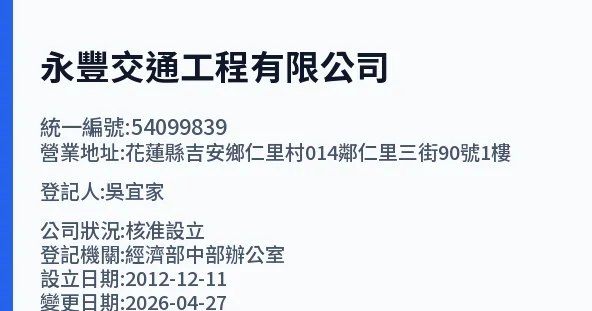 永豐交通工程有限公司的照片-統編 54099839(花蓮縣) 公司登記資料與營業項目詳細圖表
