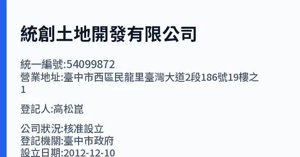 統創土地開發有限公司的照片-統編 54099872(臺中市) 公司登記資料與營業項目詳細圖表