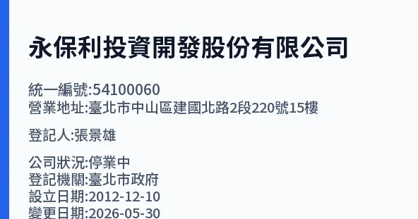 永保利投資開發股份有限公司的照片-統編 54100060(臺北市) 公司登記資料與營業項目詳細圖表