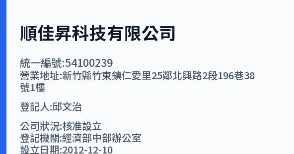 順佳昇科技有限公司的照片-統編 54100239(新竹縣) 公司登記資料與營業項目詳細圖表