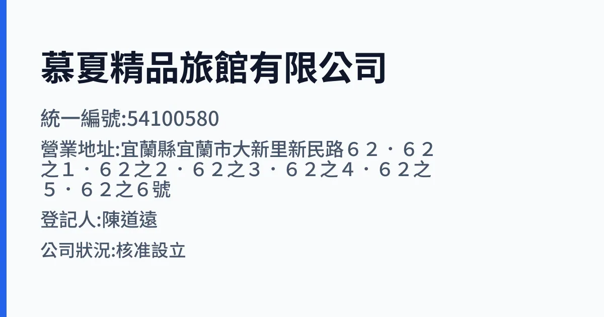 慕夏精品旅館有限公司 - 統編 54100580(宜蘭縣) 公司登記資料與營業項目詳細圖表