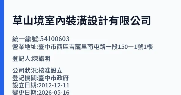 草山境室內裝潢設計有限公司的照片-統編 54100603(臺中市) 公司登記資料與營業項目詳細圖表