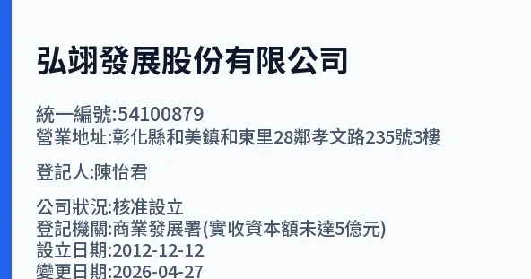 弘翊發展股份有限公司的照片-統編 54100879(彰化縣) 公司登記資料與營業項目詳細圖表