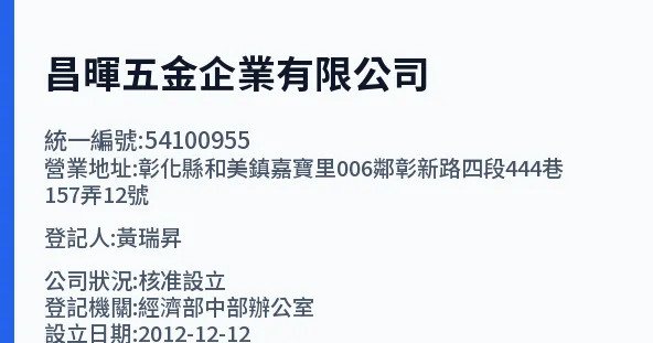 昌暉五金企業有限公司的照片-統編 54100955(彰化縣) 公司登記資料與營業項目詳細圖表