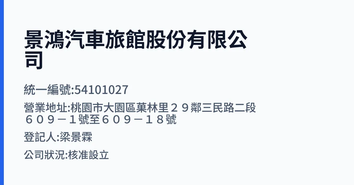 景鴻汽車旅館股份有限公司 - 統編 54101027(桃園市) 公司登記資料與營業項目詳細圖表