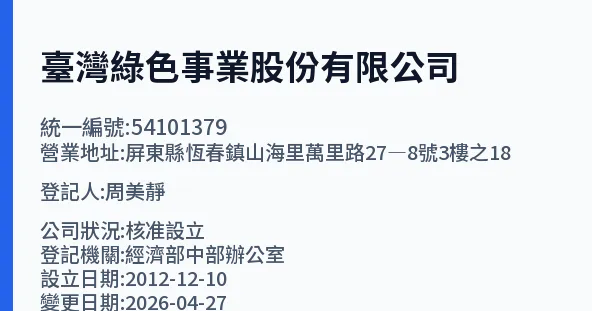臺灣綠色事業股份有限公司的照片-統編 54101379(屏東縣) 公司登記資料與營業項目詳細圖表